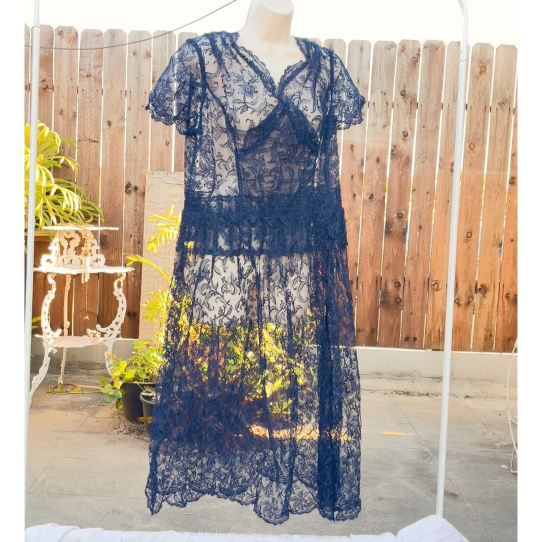 1940s Vintage Sheer Navy Bias Cut Drop Waist Chantilly Lace Dress M L ...