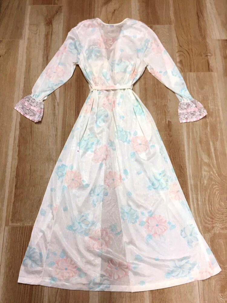 Pastel Floral Satin Robe With Lace, Made in USA, Medium - Etsy