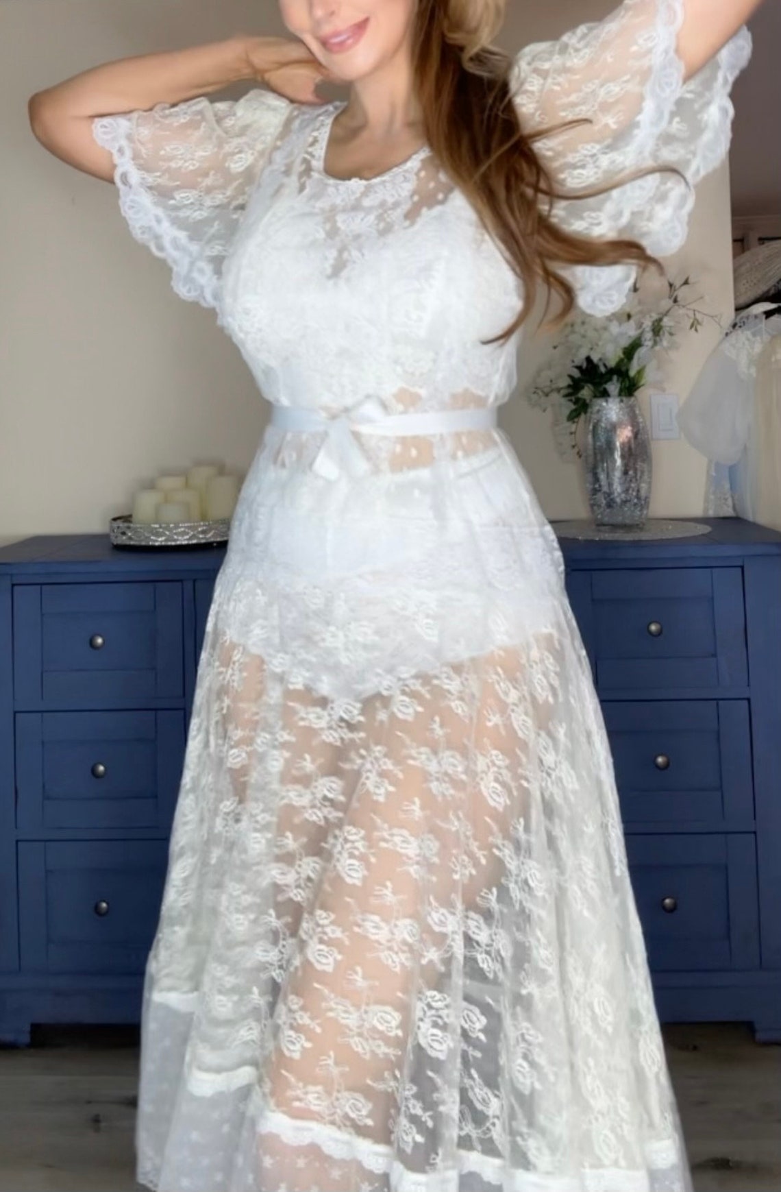 Vintage 1930s Style Sheer White Floral Pattern Lace Dress With Angel ...