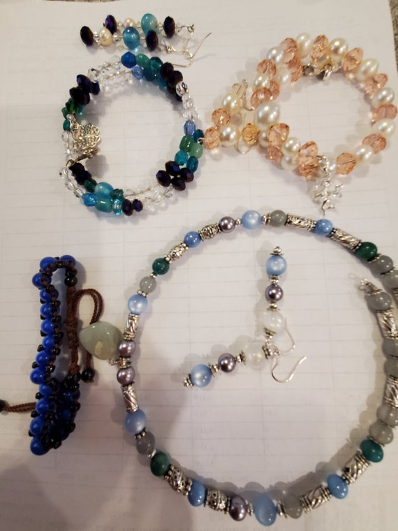 Necklace and Earring Set and 2 Bracelet and Earring Sets with Charms and cats eye bracelet lot