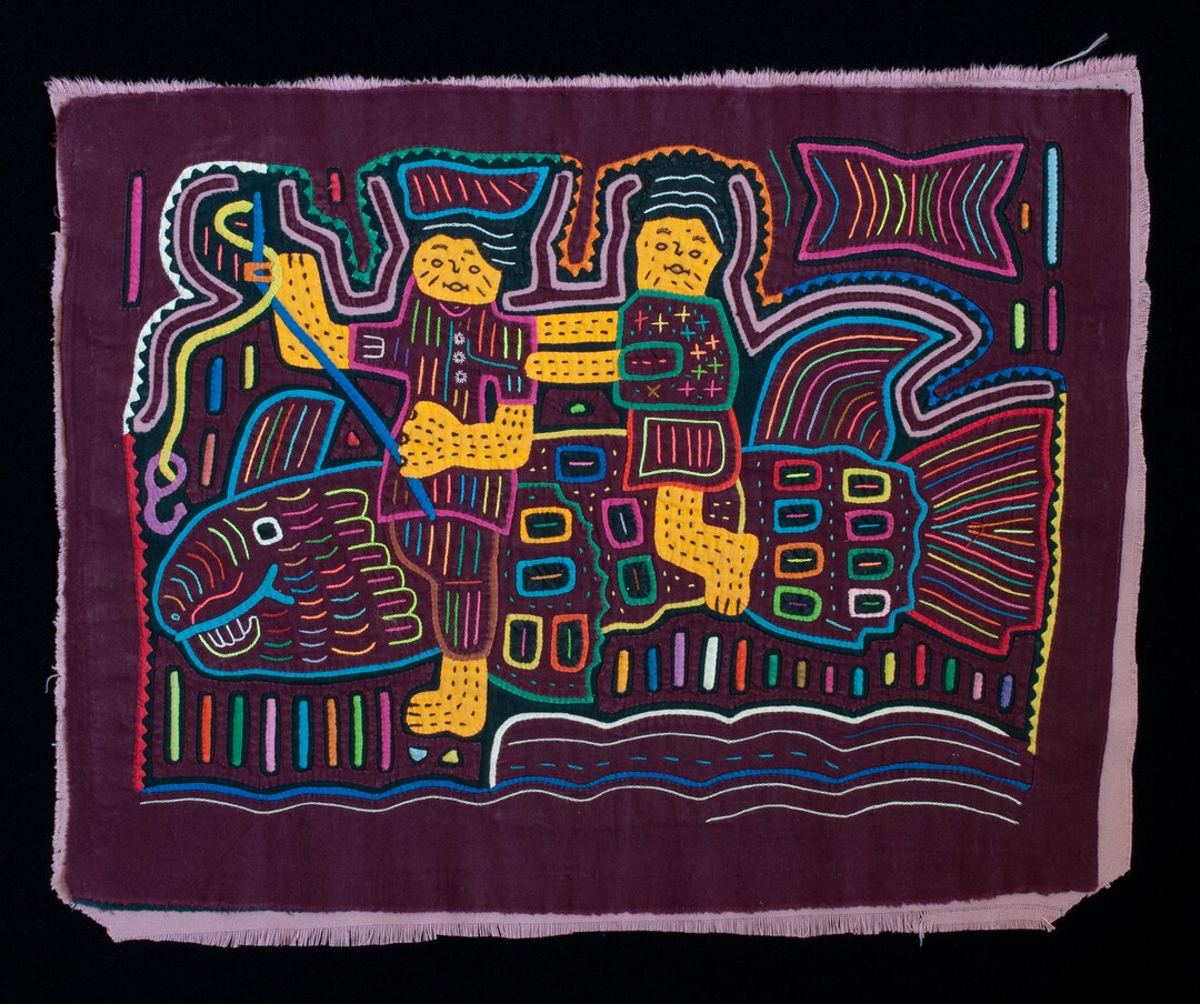 Colorful Mola of A Man and a Woman Riding a Fish - Etsy