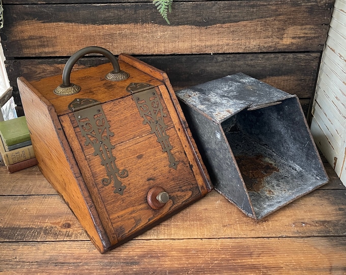 Antique Wood Coal Box, Victorian Wood and Brass Coal Scuttle Box ...