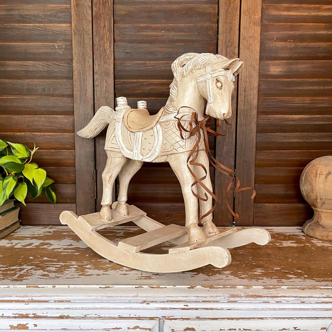 Vintage Larger Wooden Rocking Horse Repainted in Rustic White & Beige ...