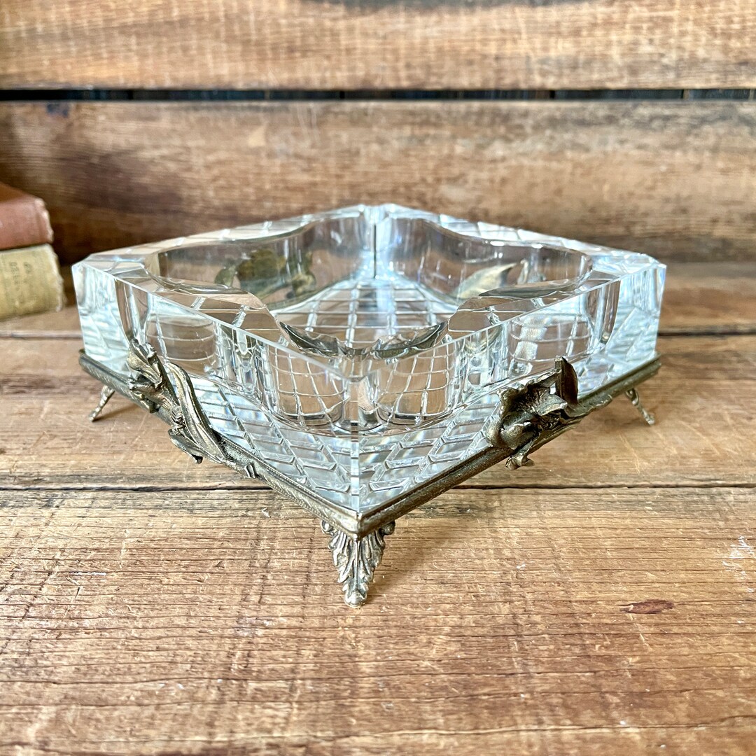 Antique Cut Crystal 2 Pc Ashtray on Gold Toned Ornate Metal Base With ...