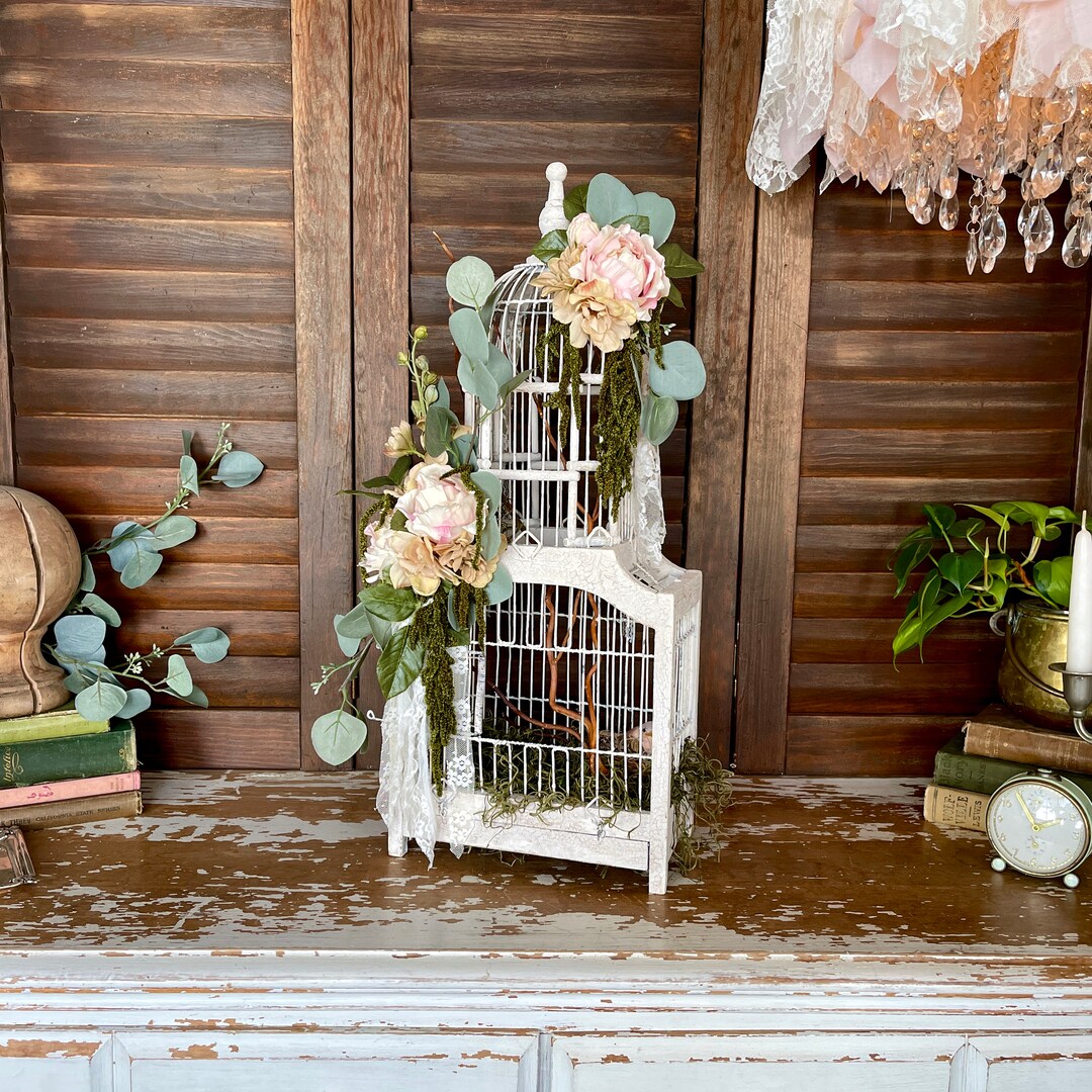 White Vintage Victorian Style Wood & Wire Dome Top Decorative Bird Cage ...