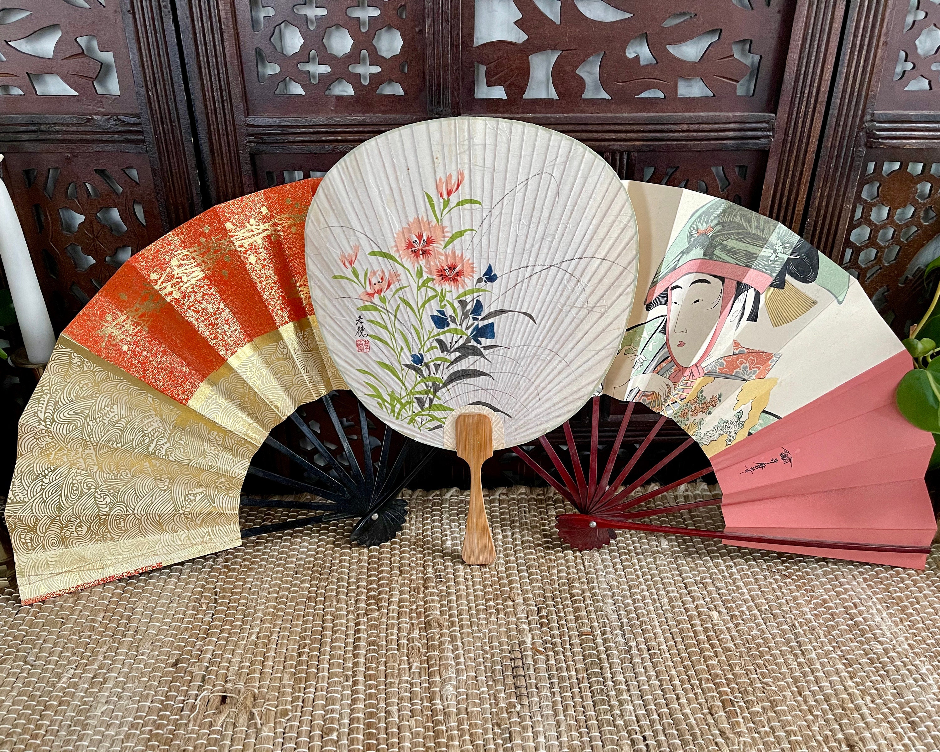 Set of Vintage Japanese Kyoto Folding Fans & Painted Paper | Etsy