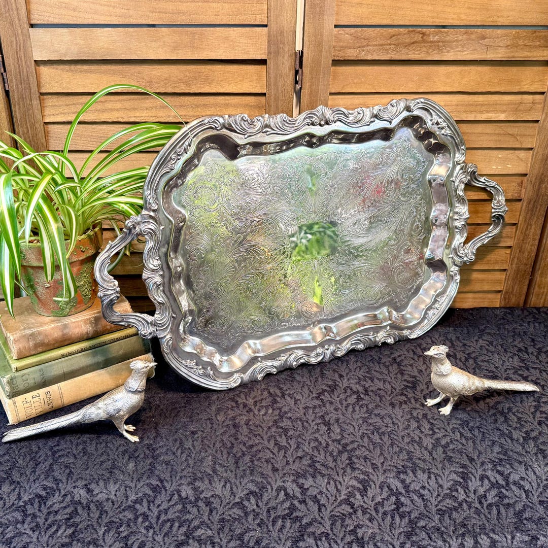 Xlarge 25x14 Footed Silver Plate Serving Tray With Handles and Ornate ...