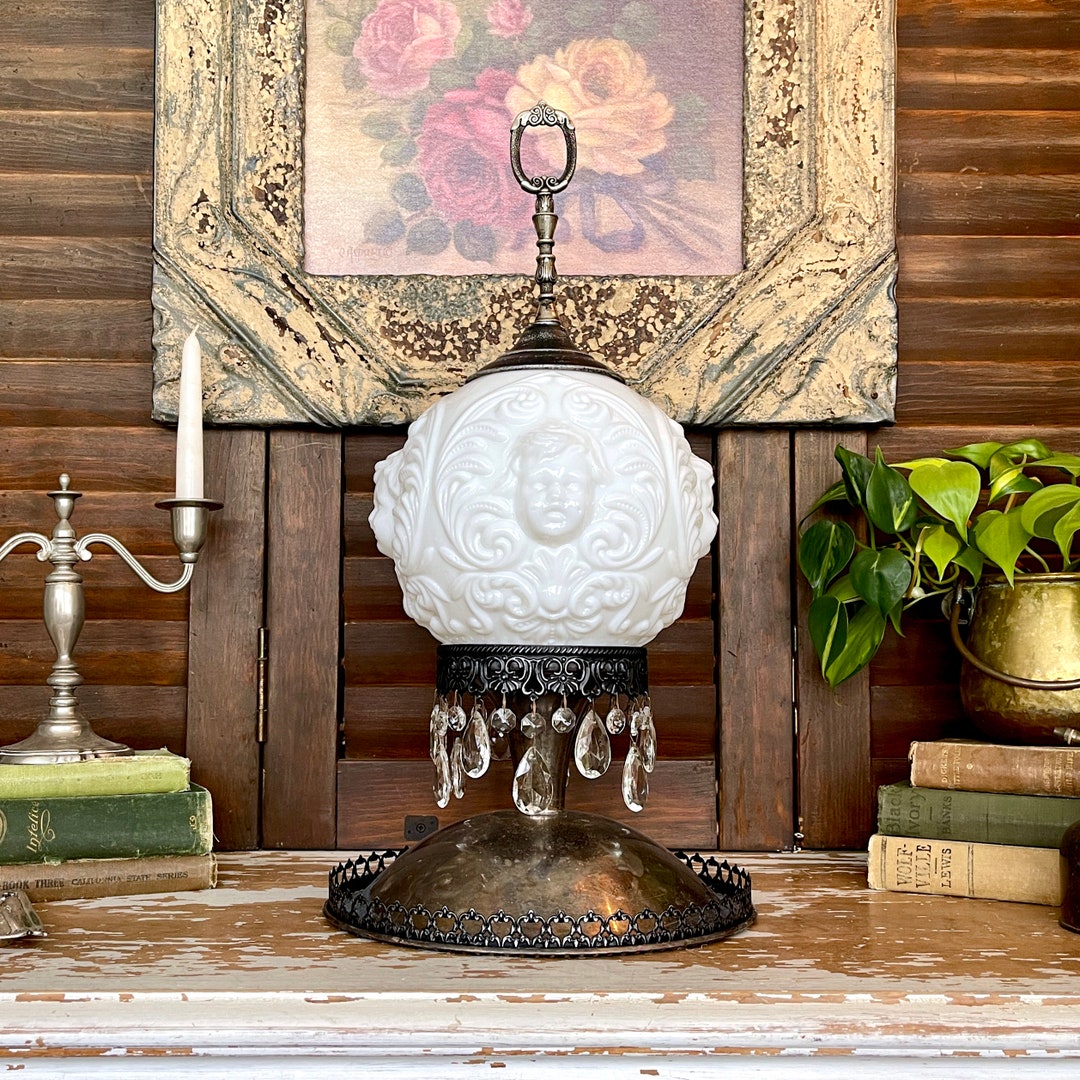Repurposed Cordless Silverplate Shabby Accent Lamp, Vintage White Opal Embossed Cherub Angel ...