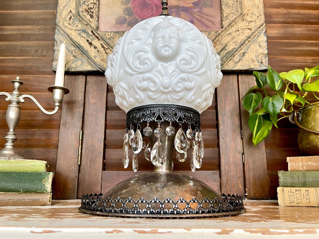 Repurposed Cordless Silverplate Shabby Accent Lamp, Vintage White Opal Embossed Cherub Angel ...