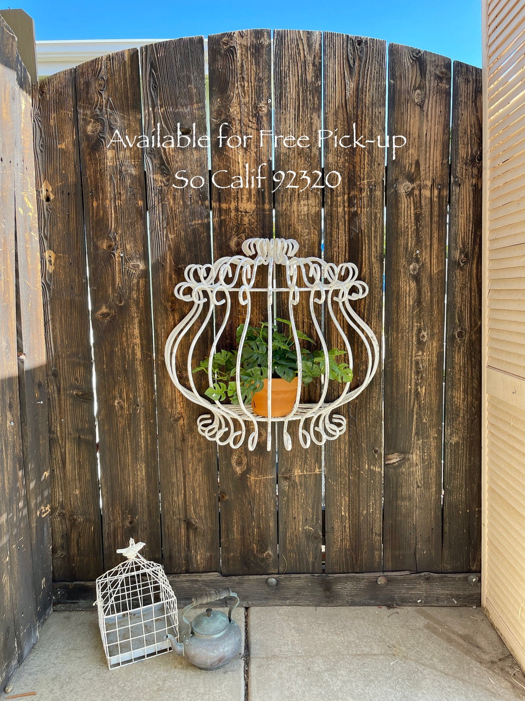 HUGE White Metal Scroll Wall Plant Basket With Natural Weathered Patina ...