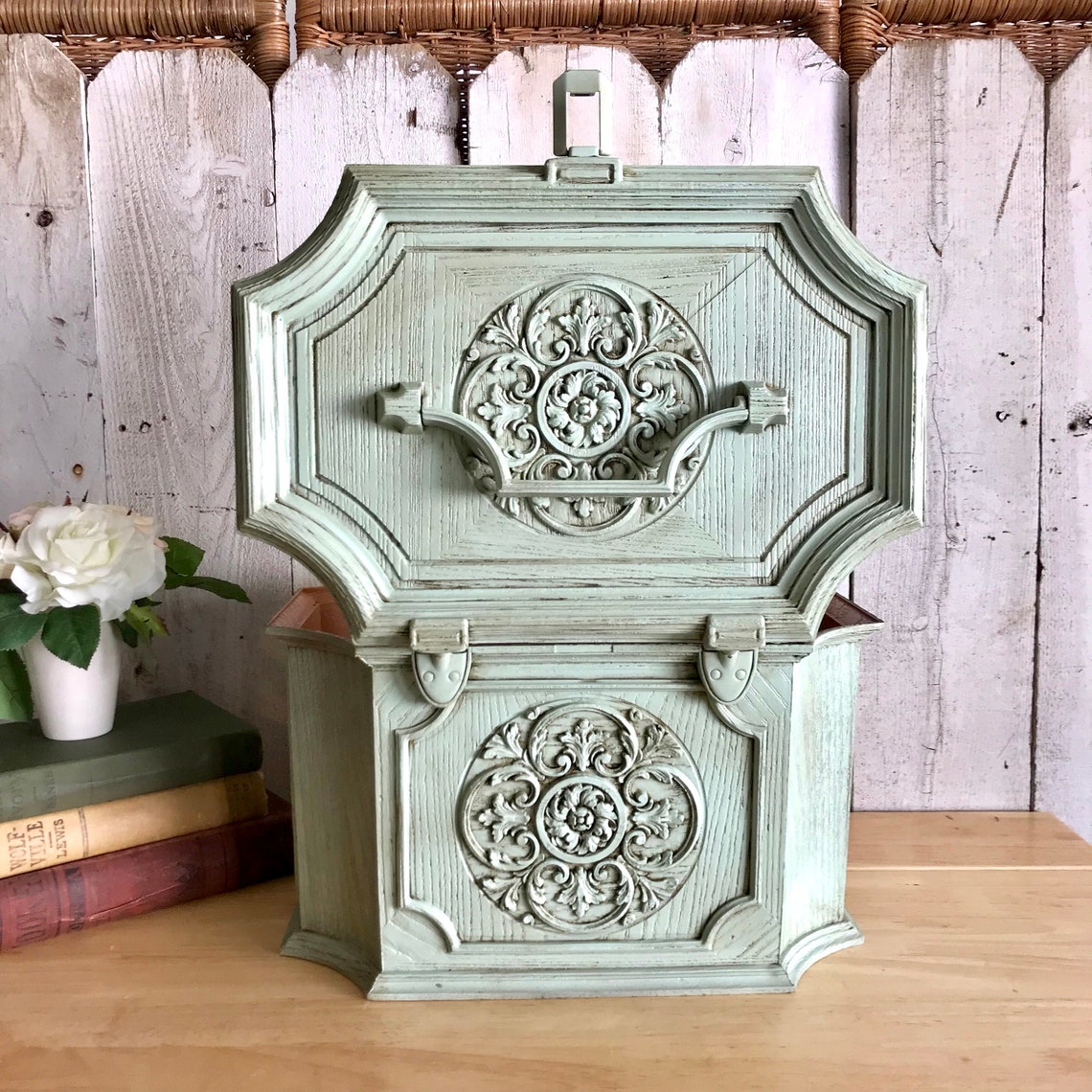 Mid Century Notions Box Repainted in Blue-ish Green Faux Wood | Etsy