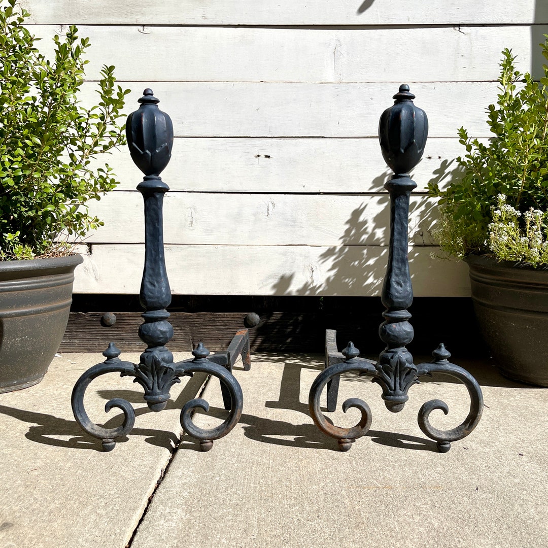 Large Antique Forged Iron Andirons, Spanish Revival, Gothic, Medieval ...