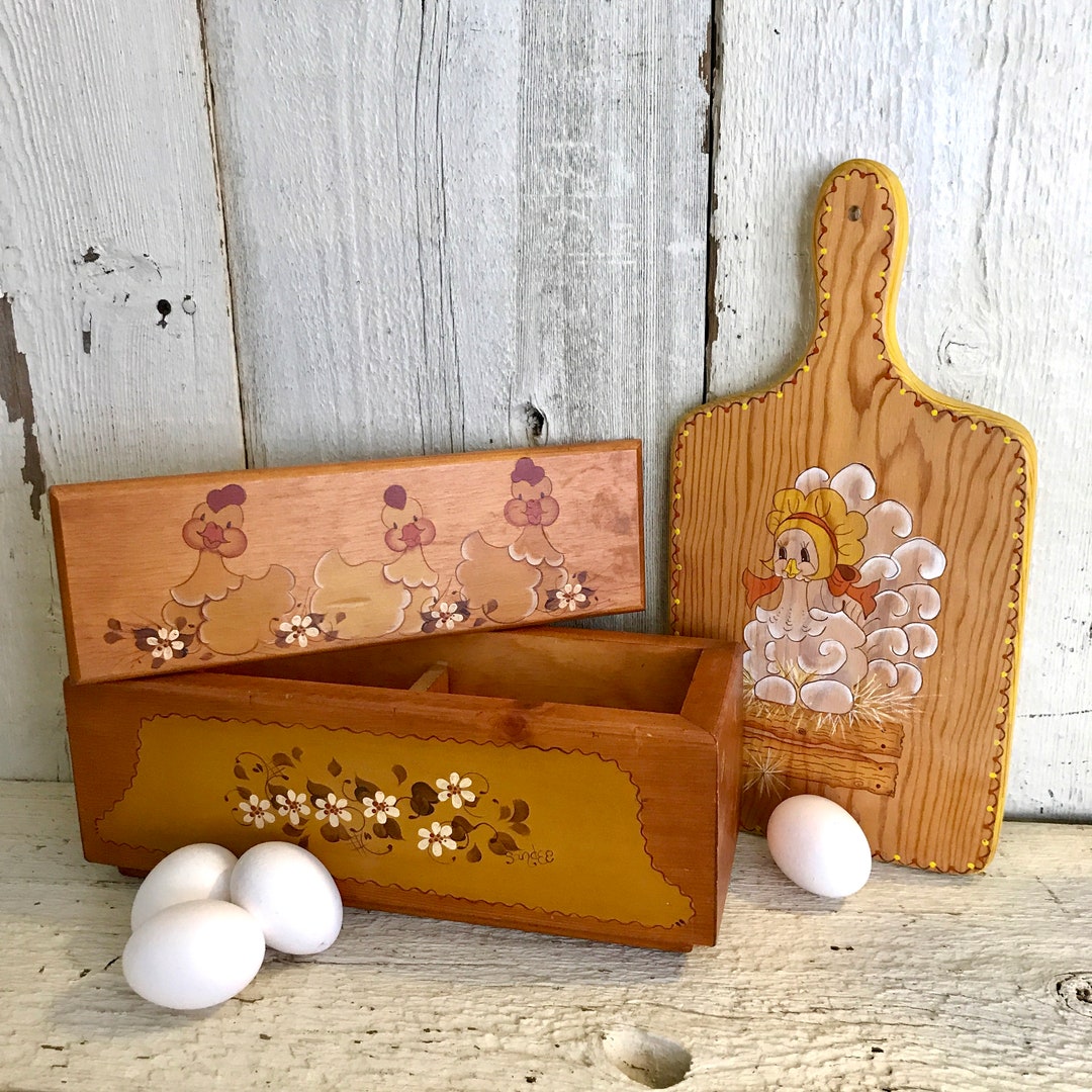 Hand Tole Painted Hen Rooster Cutting Board & Recipe Box, Rustic ...