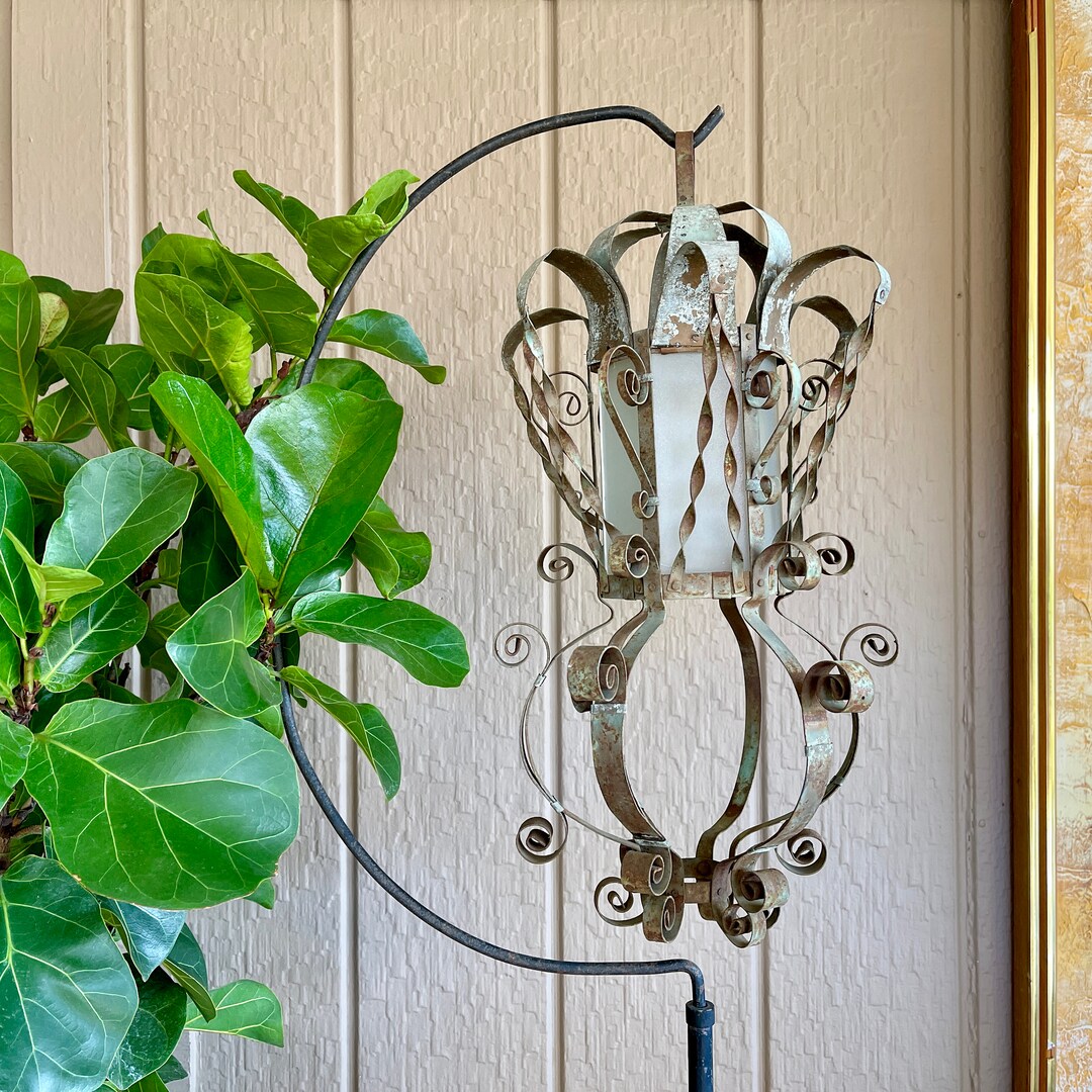 Vintage Spanish Mexican Metal Hanging Lantern, Textured Glass Panels ...