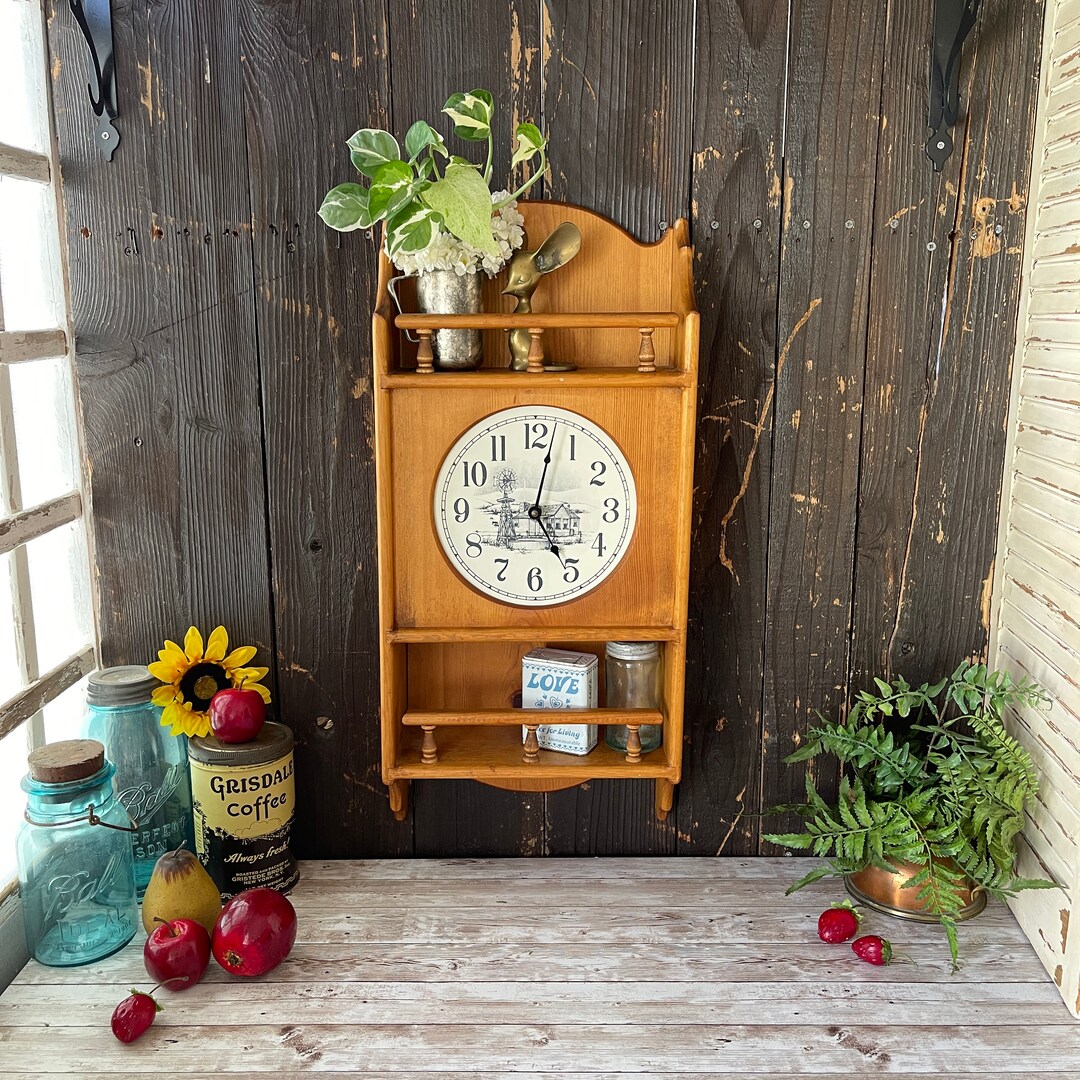 Country Farmhouse Pine Wood Wall Shelf With Battery Operated Clock ...