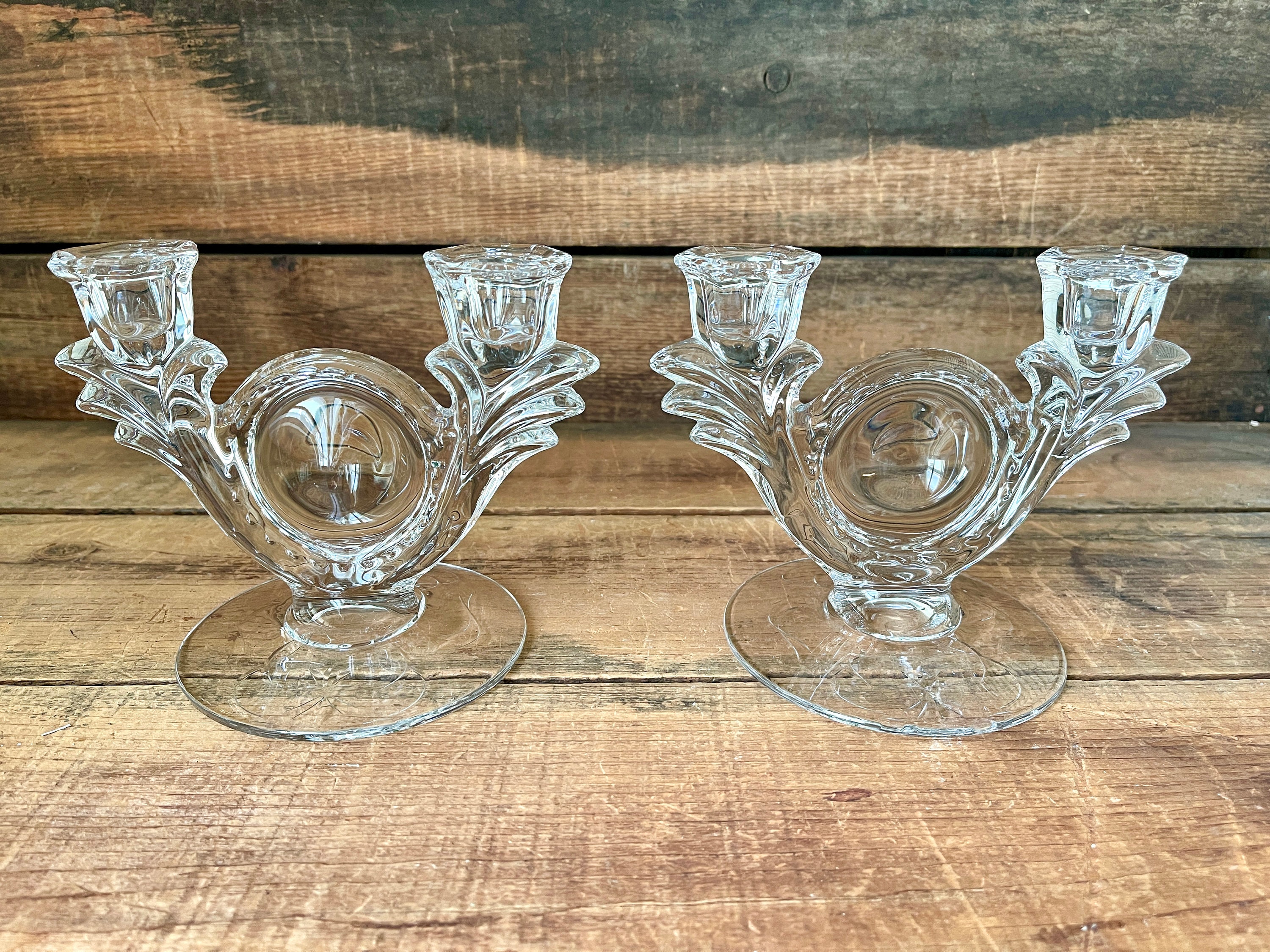 Pair of Vintage Clear Glass Double Candlestick Holders With - Etsy