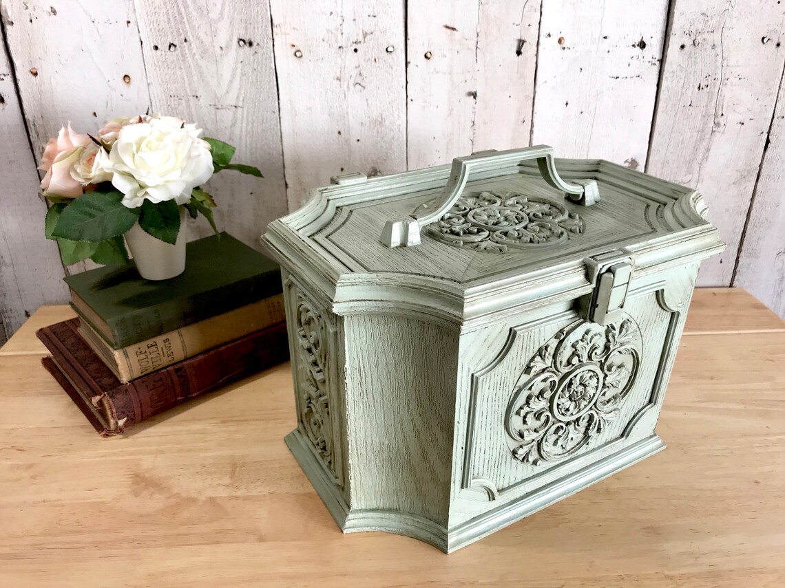 Mid Century Notions Box Repainted in Blue-ish Green Faux Wood | Etsy