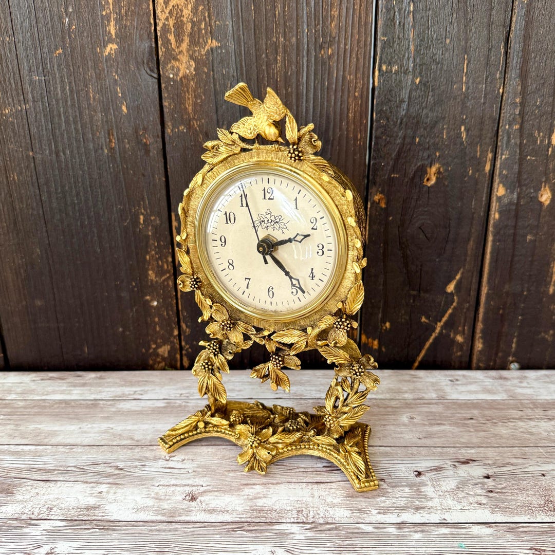 Vintage Mid Century Signed Matson Gold Ormolu Mantel Clock Birds ...