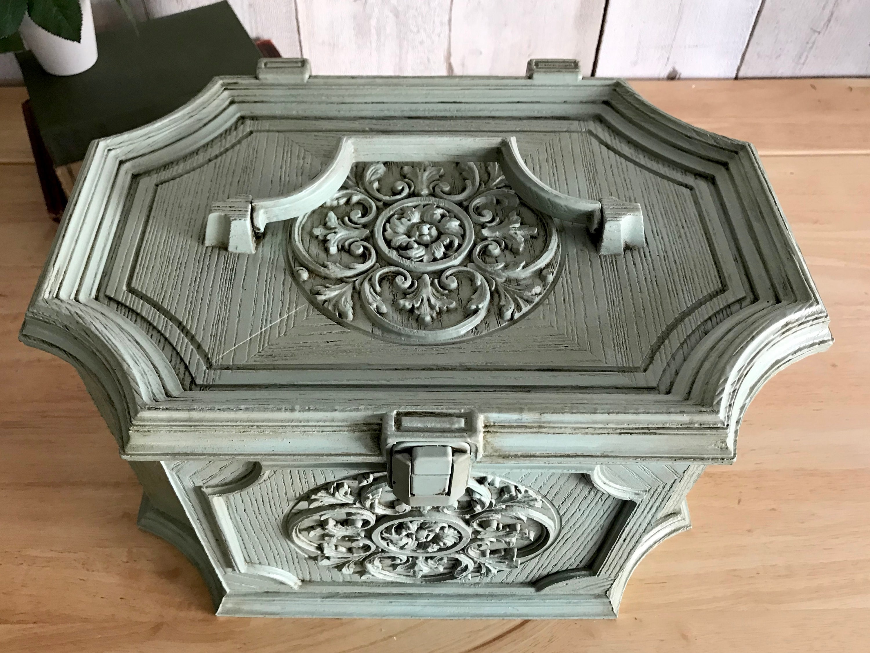 Mid Century Notions Box Repainted in Blue-ish Green Faux Wood | Etsy