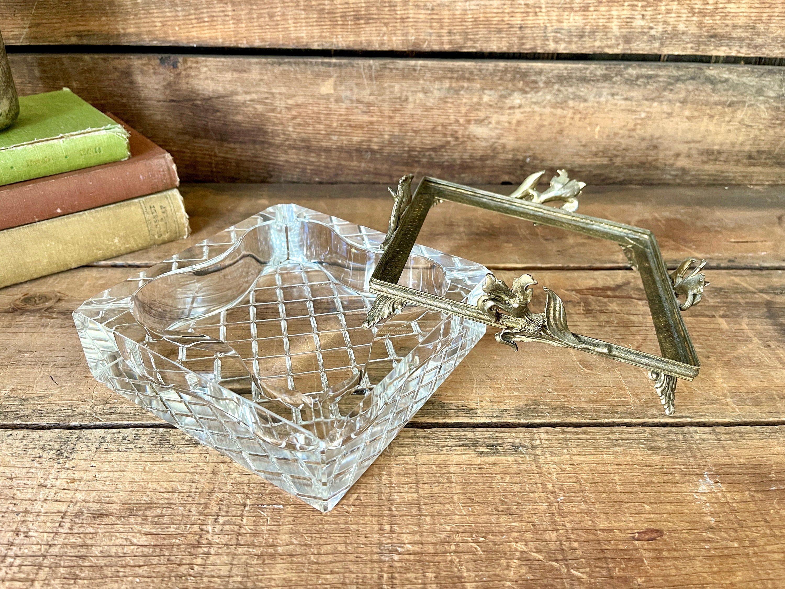 Antique Cut Crystal 2 Pc Ashtray on Gold Toned Ornate Metal - Etsy
