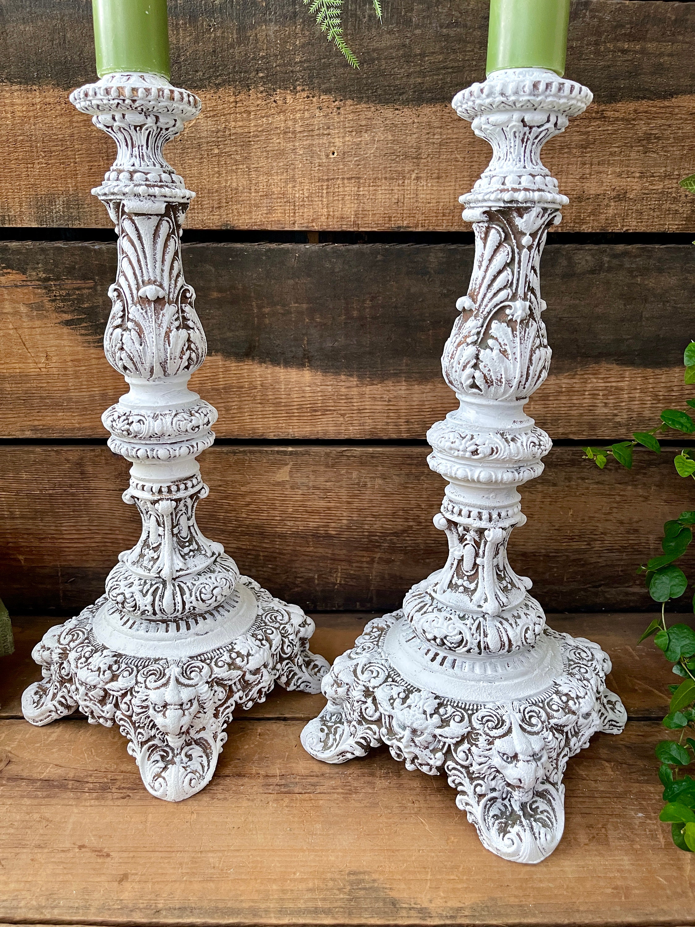 Pair of 15" White Figural Ornate Plaster Candlestick Holders With Lion ...