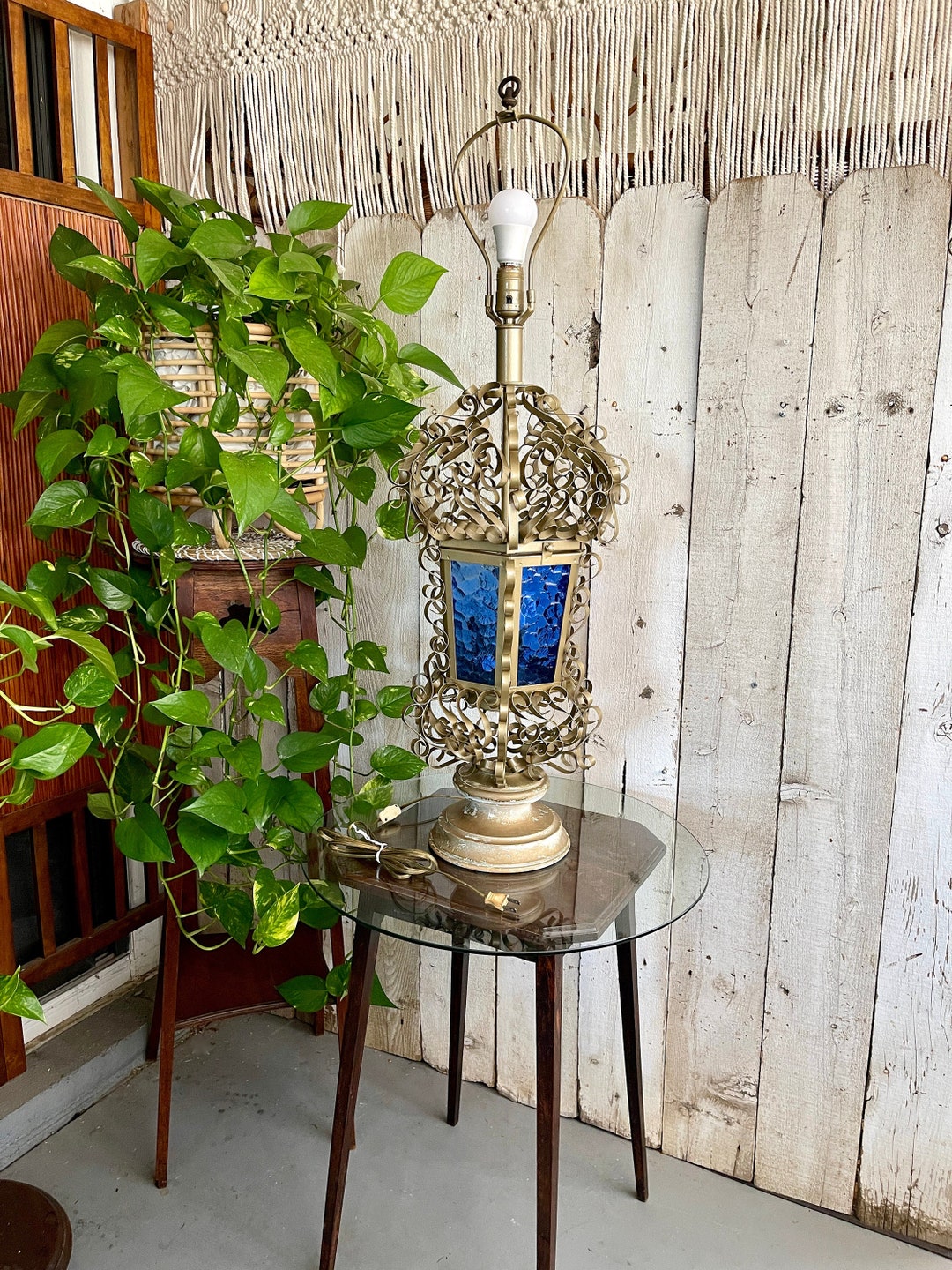 38" Tall Curly Gold Metal Scroll Lamp, Blue Textured Glass Panels, Mood ...