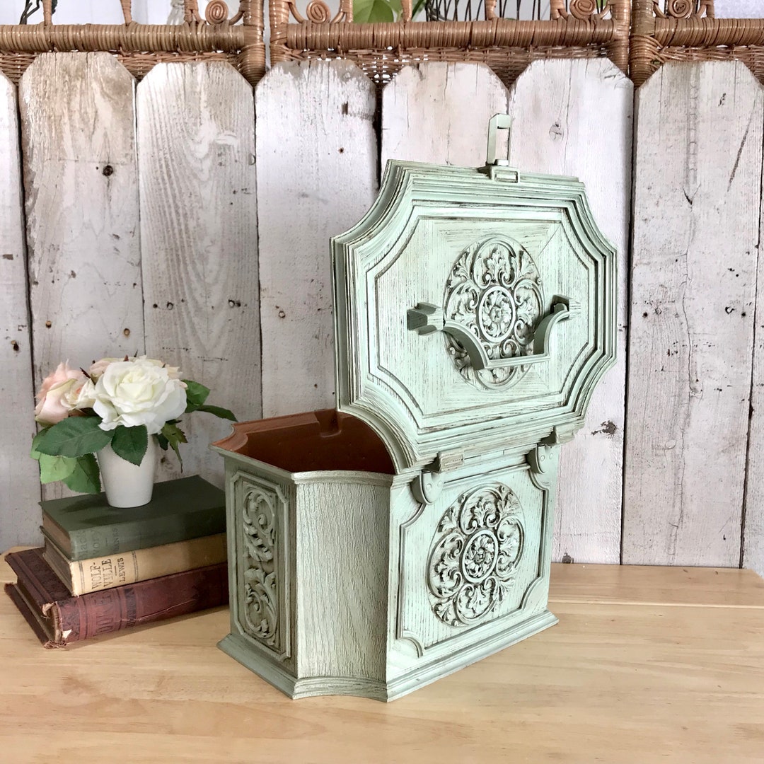 Mid Century Notions Box Repainted in Blue-ish Green, Faux Wood Max ...
