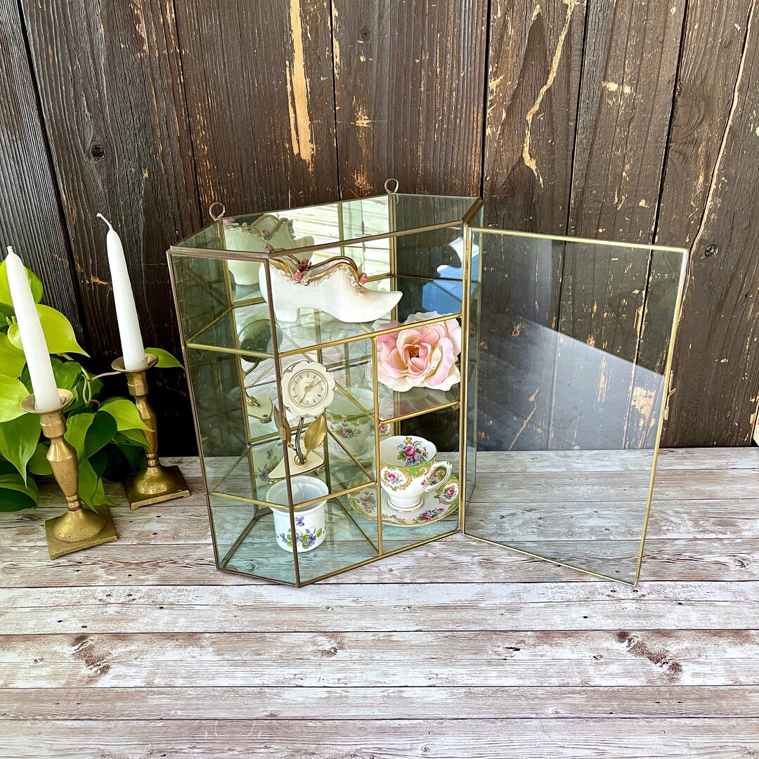 Vintage Glass and Brass Mirrored Curio Cabinet, Tabletop or Wall Mount ...