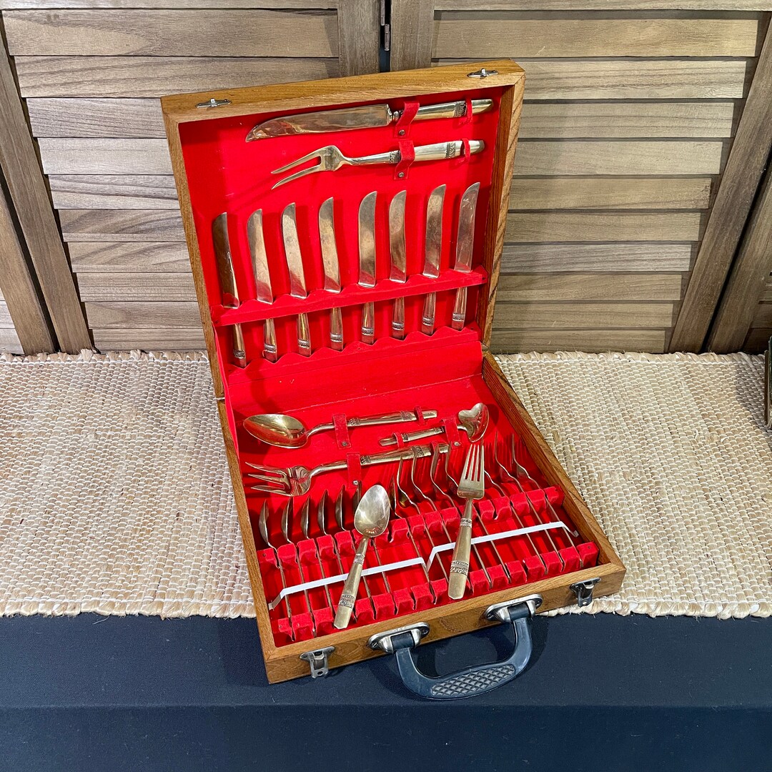 Vintage 29 Pc 60's BRONZE S Samran Thailand Co Tableware, Flatware in Wooden Chest, Original ...