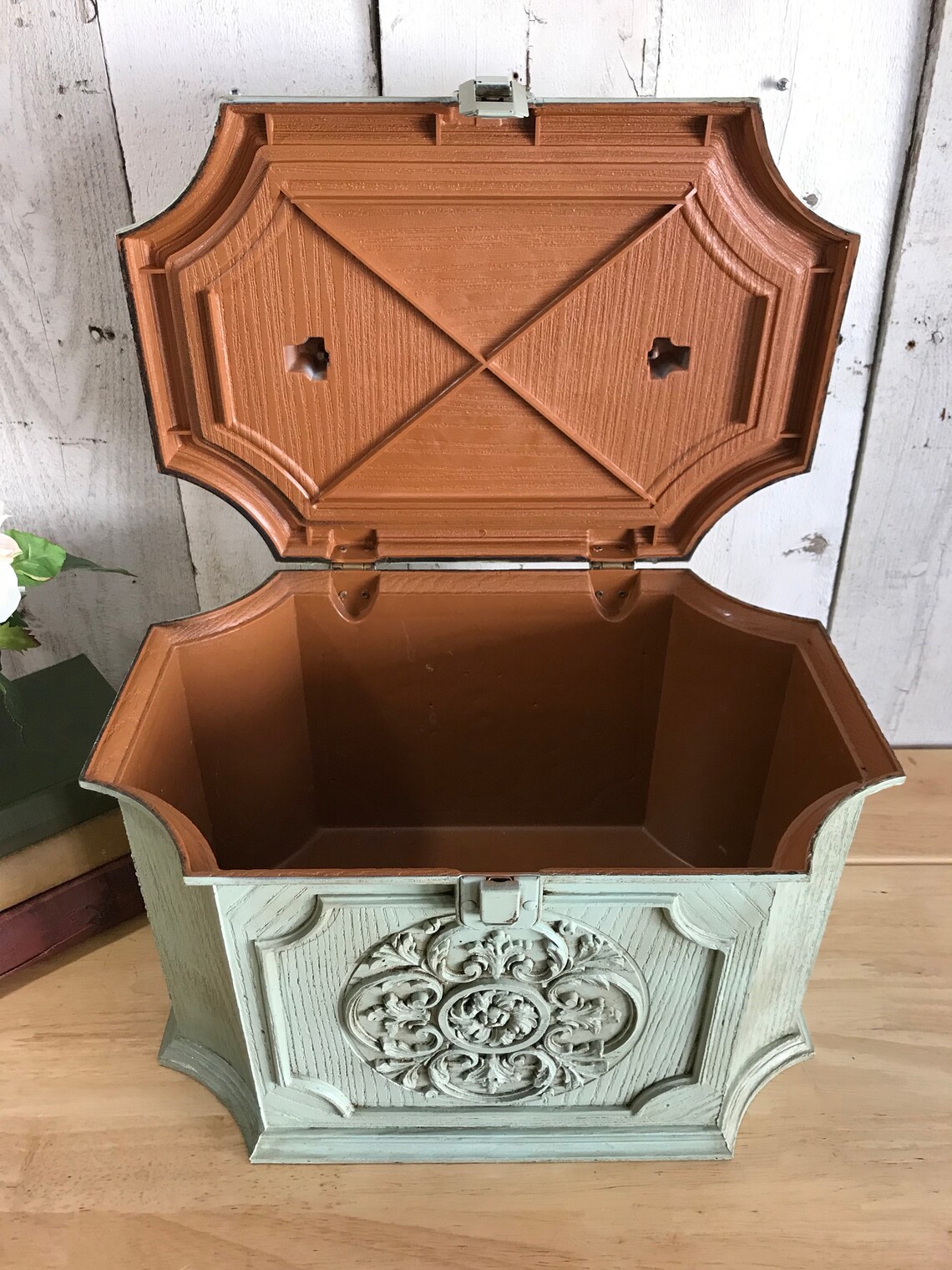 Mid Century Notions Box Repainted in Blue-ish Green Faux Wood | Etsy