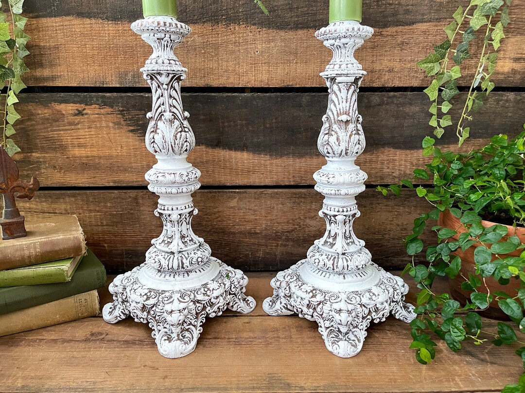 Pair of 15 Tall White Highly Ornate Plaster Candlestick Holders ...