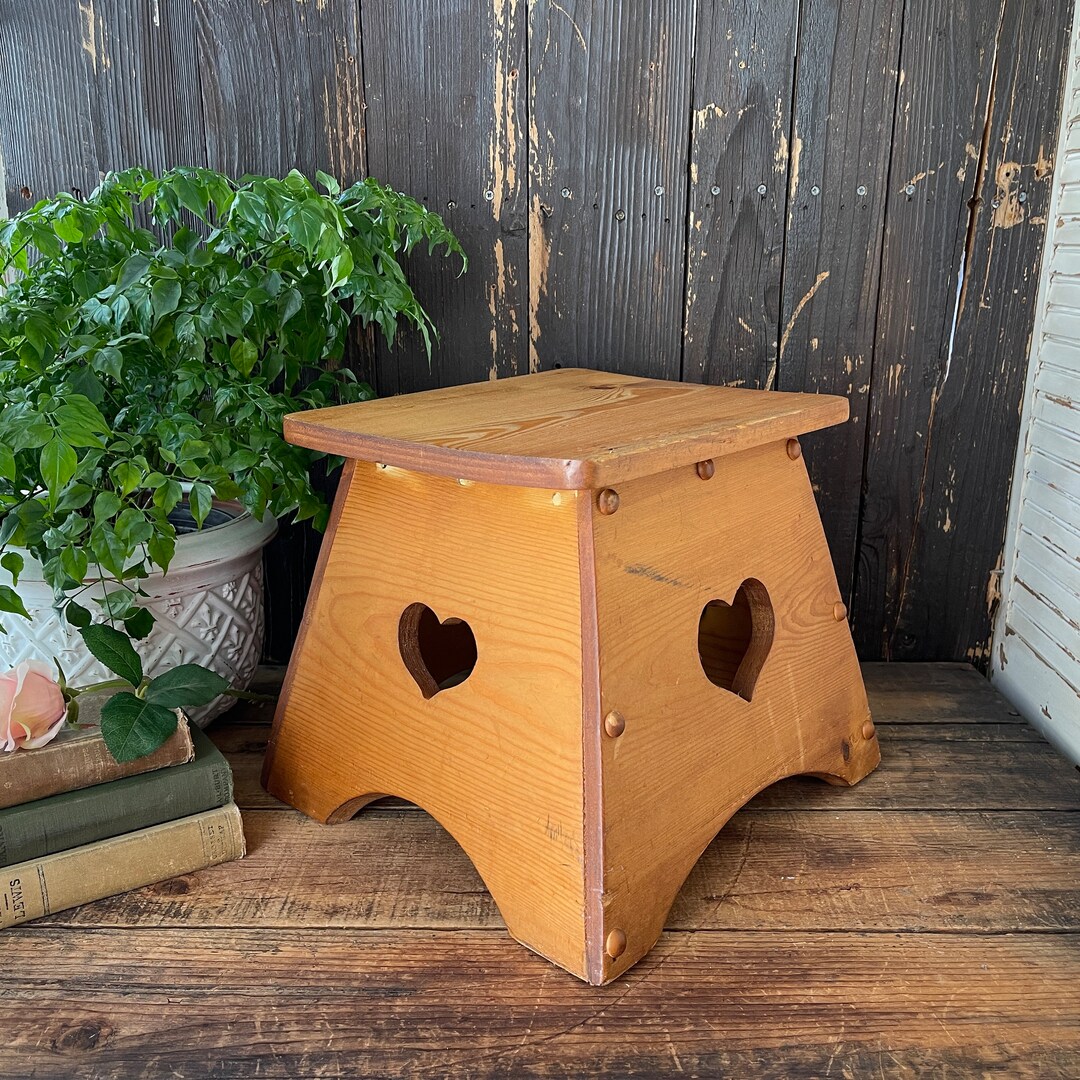 Handmade Pine Wood Step Stool With Heart Cut Outs Vintage Farmhouse Decorative Stool Plant Riser
