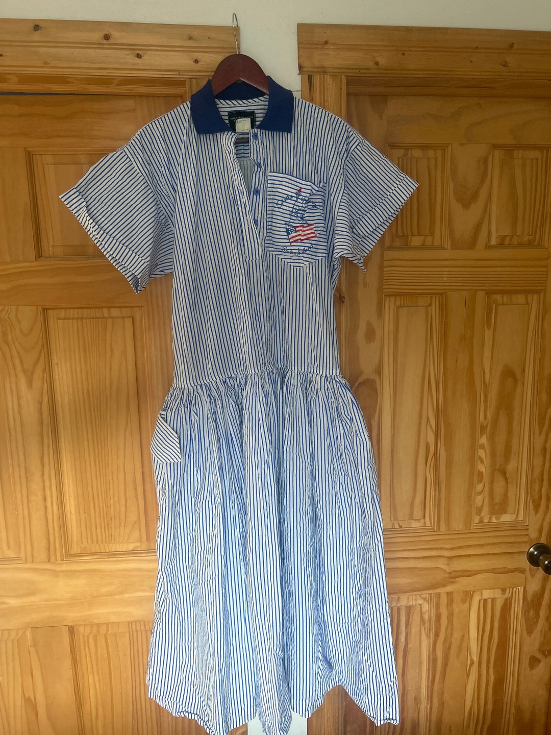 80s Rhonda Harness Blue and White Pinstripe Dress Statue of Lady ...