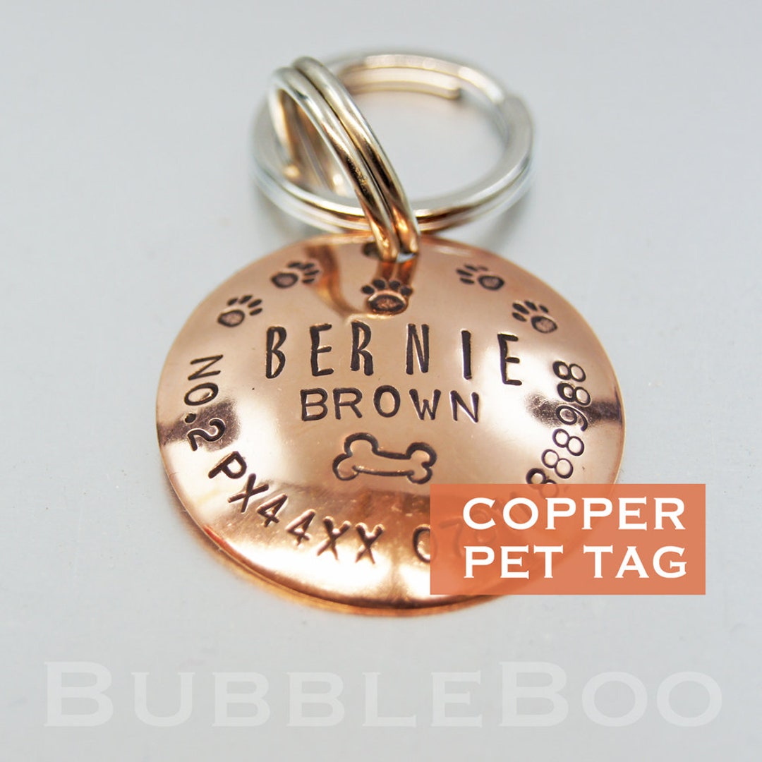 Pet Dog Name Tag. Personalised Domed Copper Disc With Pawprints and ...