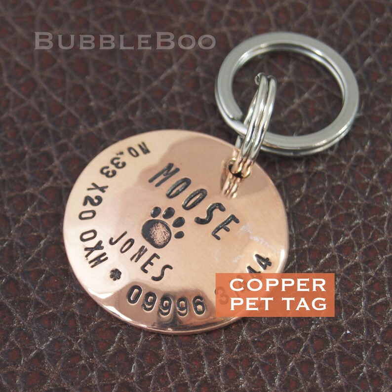 Pet Dog Name Tag with paw print. Personalised domed copper | Etsy