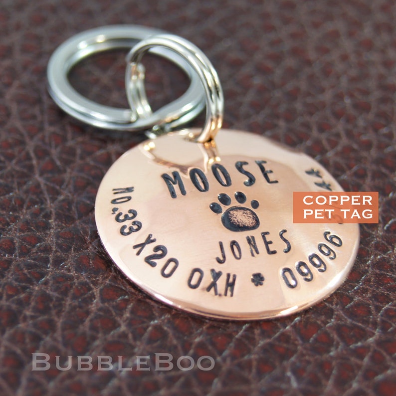 Pet Dog Name Tag With Paw Print. Personalised Domed Copper - Etsy UK