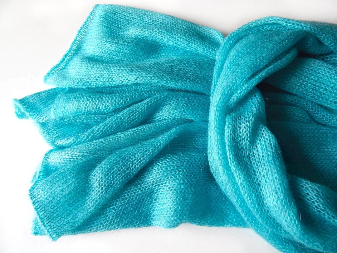 Knitted Kid-mohair Bright-blue Scarf, Turquoise Lace Scarf, Women's ...