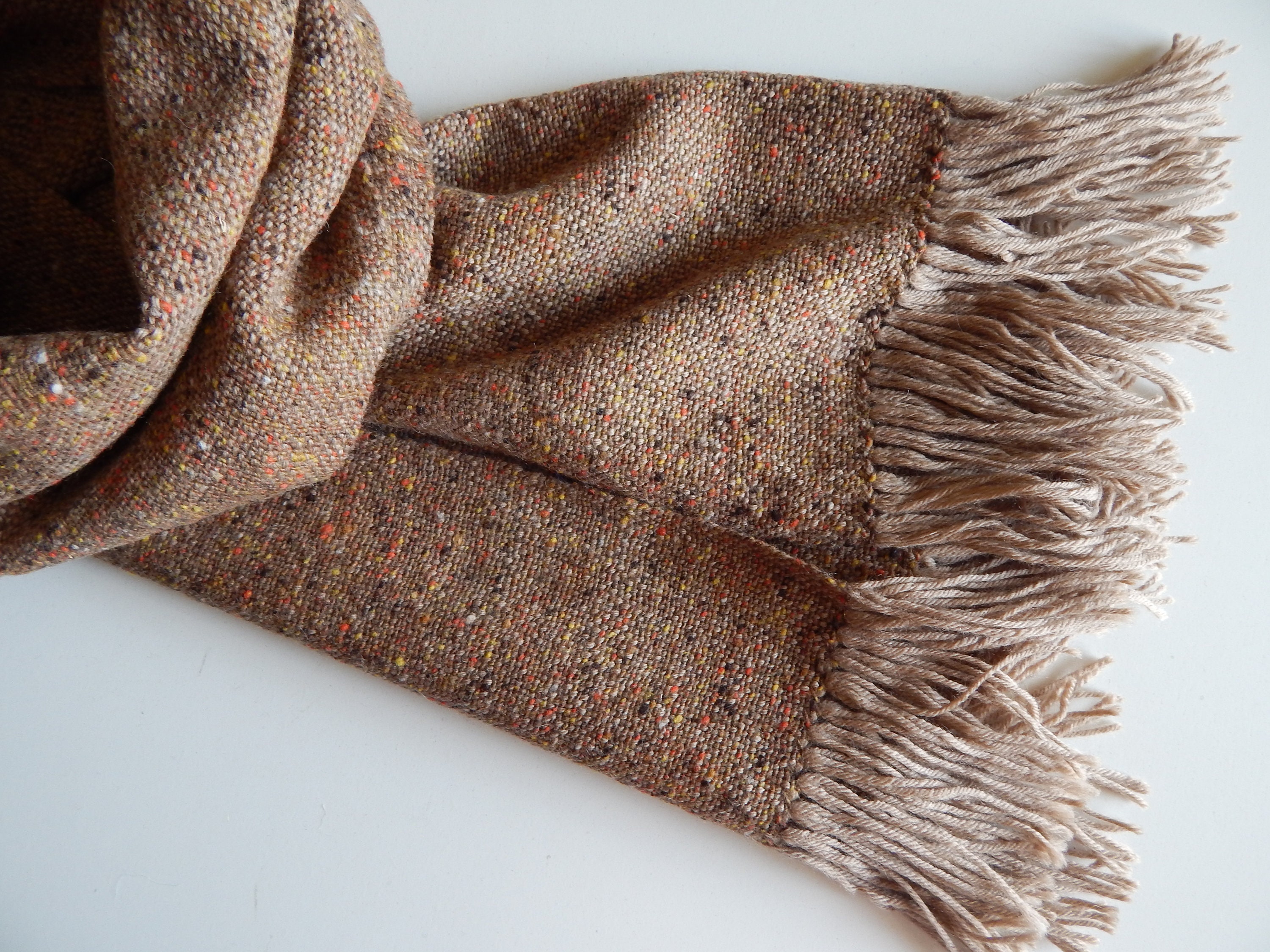 Woven tweed light-brown merino scarf brown wool stola woven | Etsy