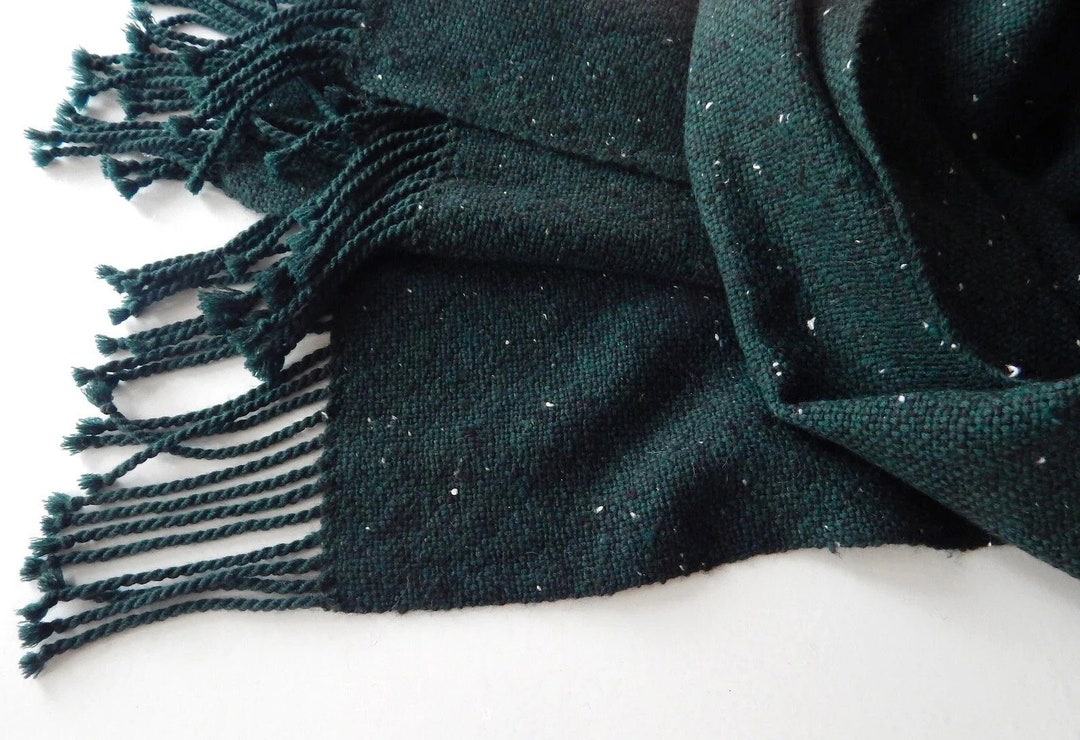 Handwoven Dark-green Tweed Scarf, Bottle-green Merino Scarf, Woven ...