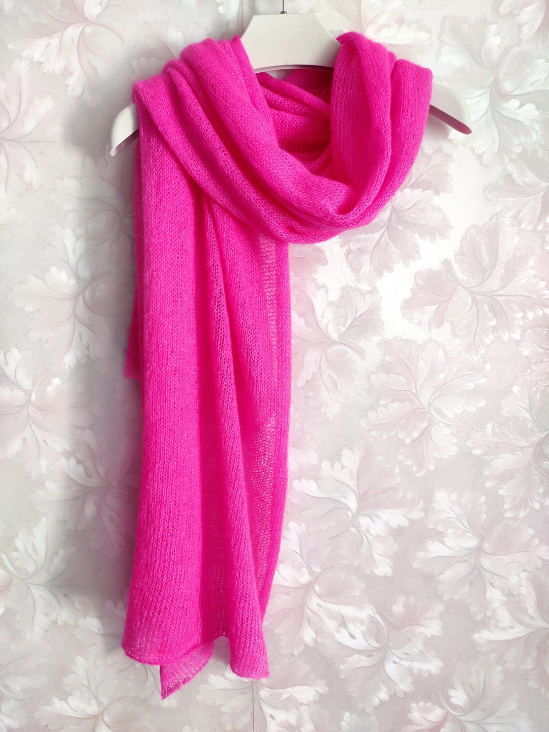 Knitted Kid-mohair Neon Pink Scarf, Bright-pink Scarf, Magenta Lace ...