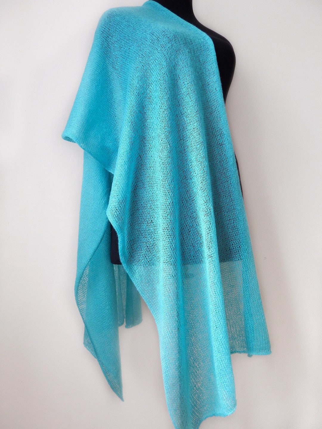Knitted Kid-mohair Bright-blue Scarf, Turquoise Lace Scarf, Women's ...