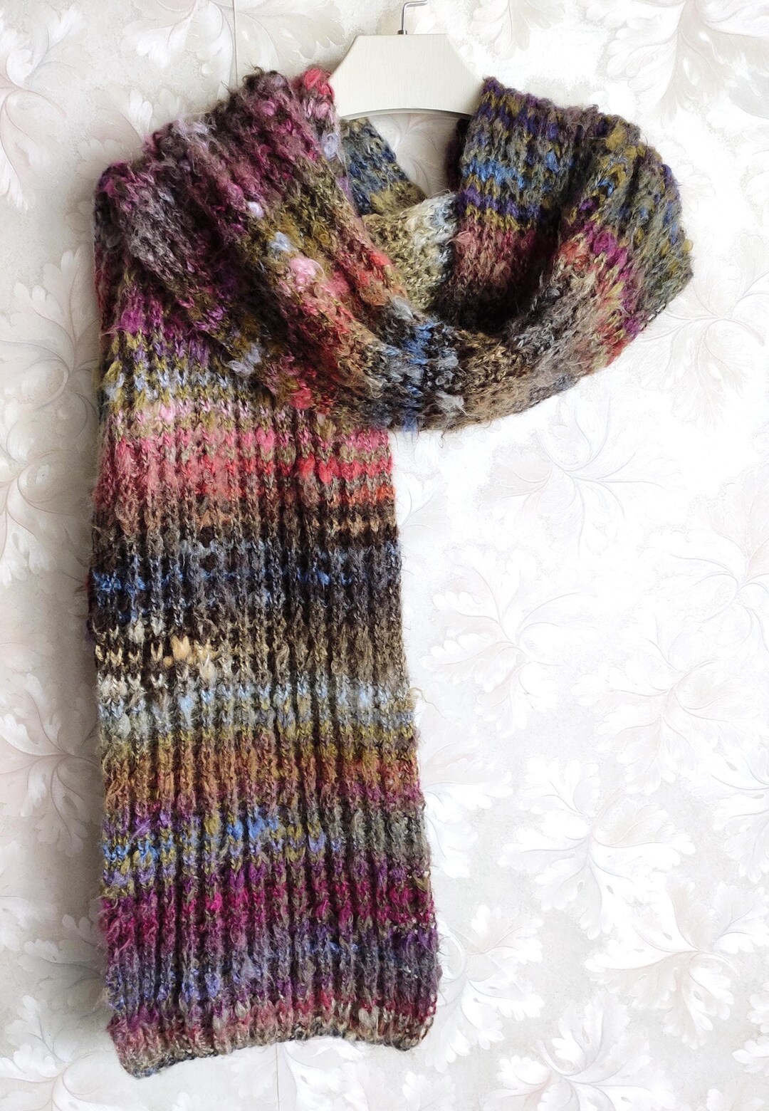 Knitted Multi-colored Acrylic Scarf, Purple-grey-olive Scarf, Winter ...