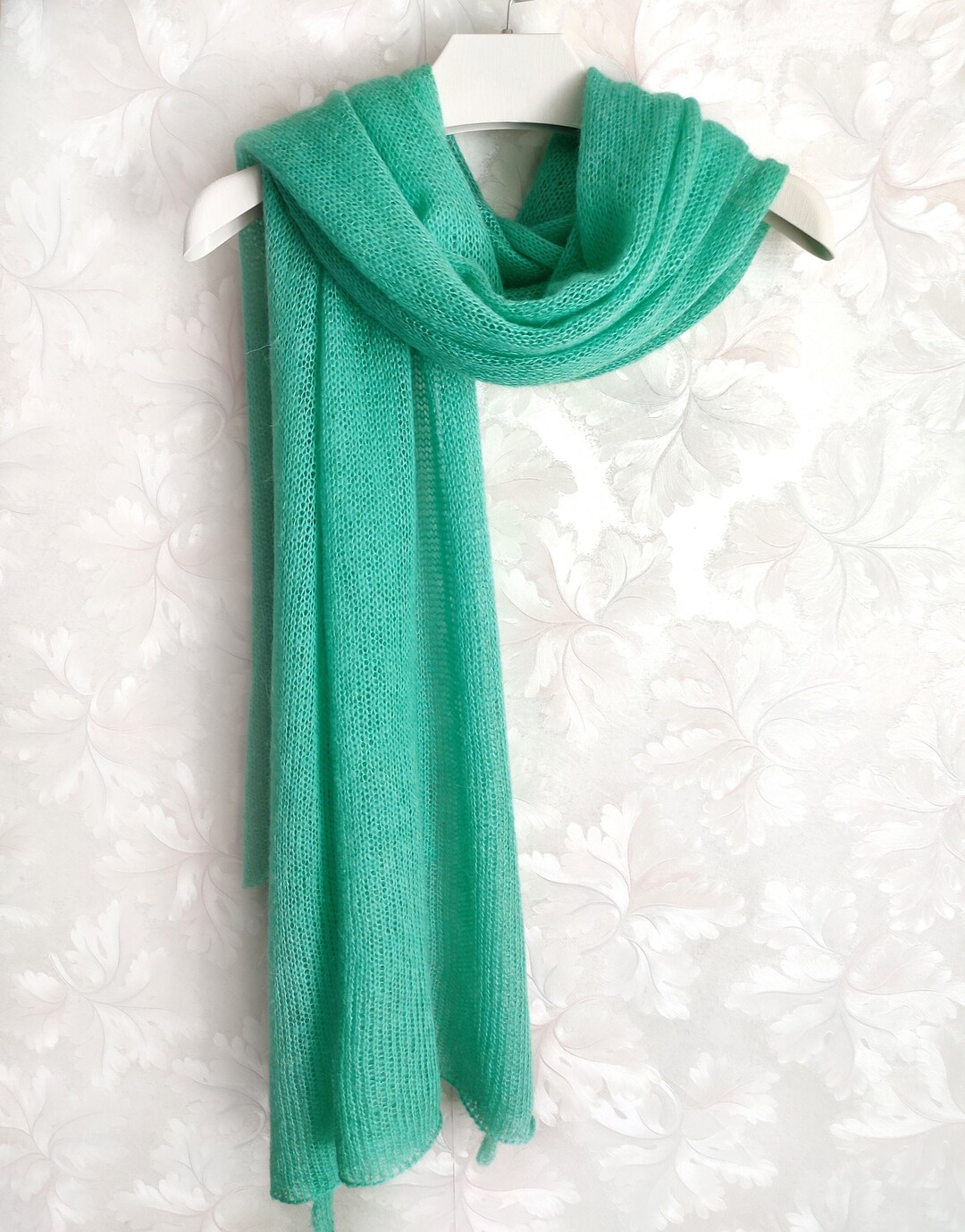 Knitted Kid-mohair Green Turquoise Scarf, Bright-mint Lace Scarf, Women ...