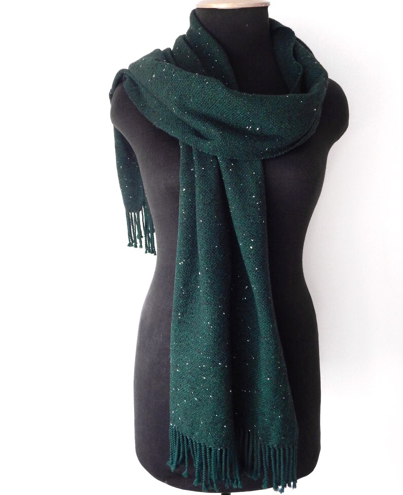 Handwoven Dark-green Tweed Scarf, Bottle-green Merino Scarf, Woven ...