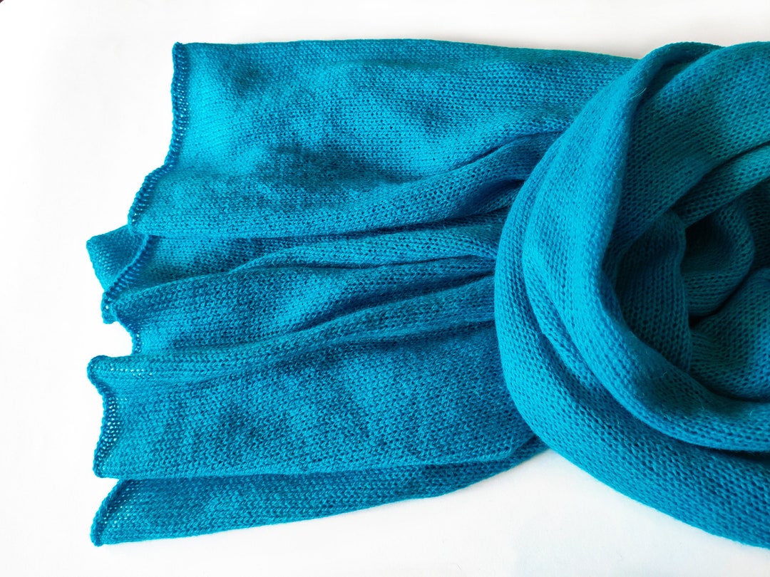 Knitted Baby Alpaca Bright-blue Scarf, Turquoise Wool Scarf, Women's ...