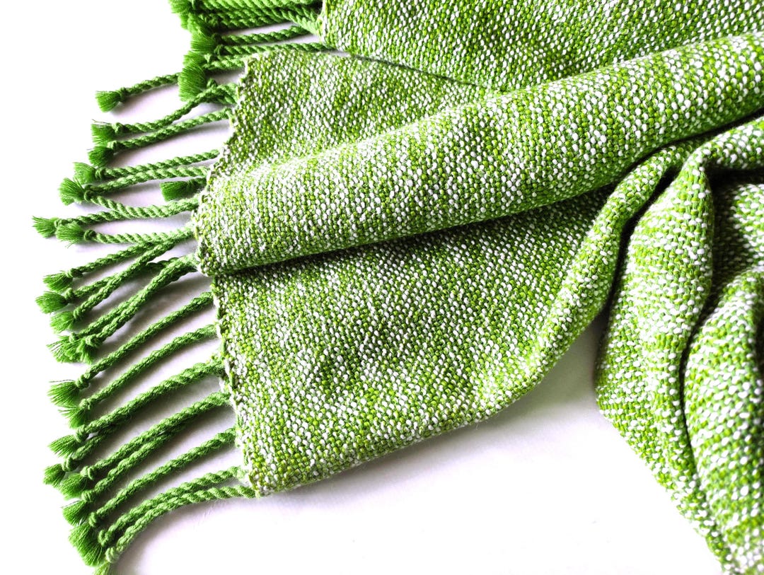 Handwoven Green-white Cotton Scarf, Light-green Cotton Scarf, Woven ...