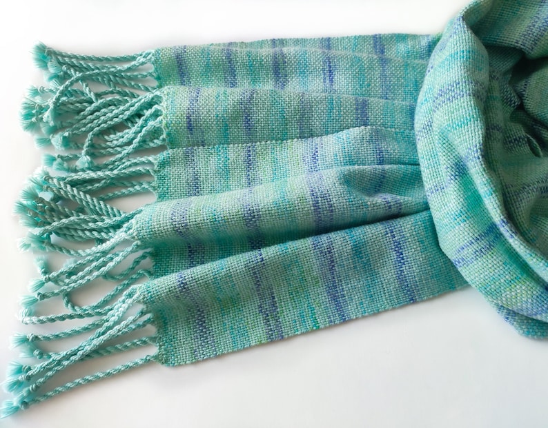 Handwoven Turquoise Merino Scarf, Light-blue Striped Scarf, Turquoise ...