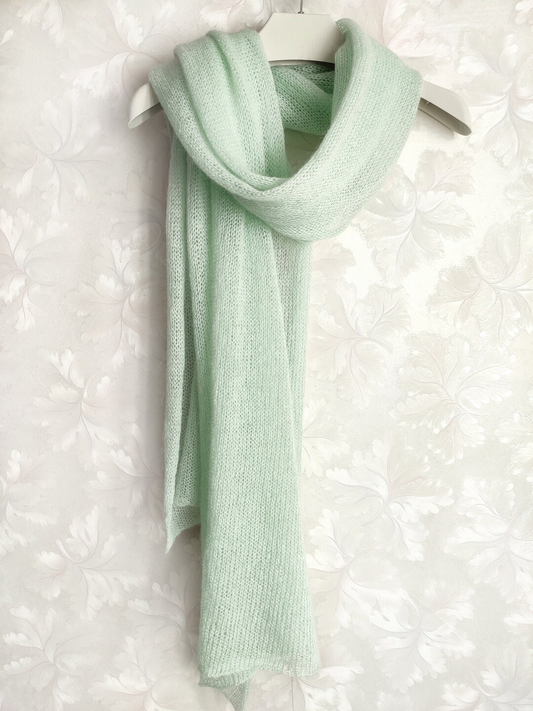 Knitted Kid-mohair Light-mint Scarf, Aqua Lace Scarf, Women's Scarf ...