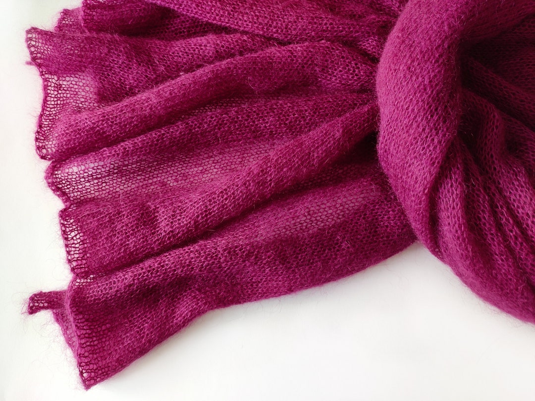 Knitted Kid-mohair Dark-fuchsia Scarf, Dark-pink Scarf, Fuchsia Mohair ...