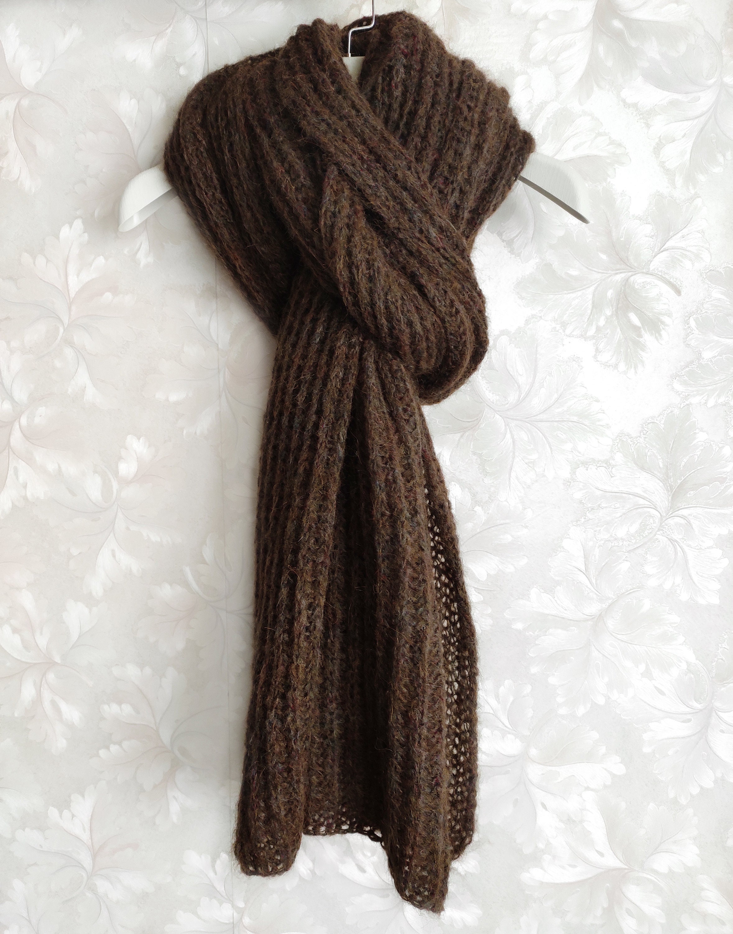 Knitted Mohair Dark-brown Scarf, Brown Mohair Wrap, Women's Scarf ...
